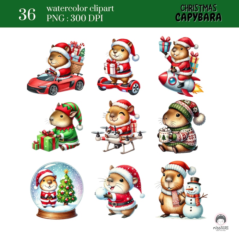 Christmas Capybara Watercolor Clipart Bundle, Cute Capybara Holiday PNG ...