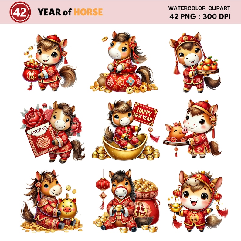Chinese New Year Horse Clipart Bundle | 42 Watercolor Pngs for Lunar ...