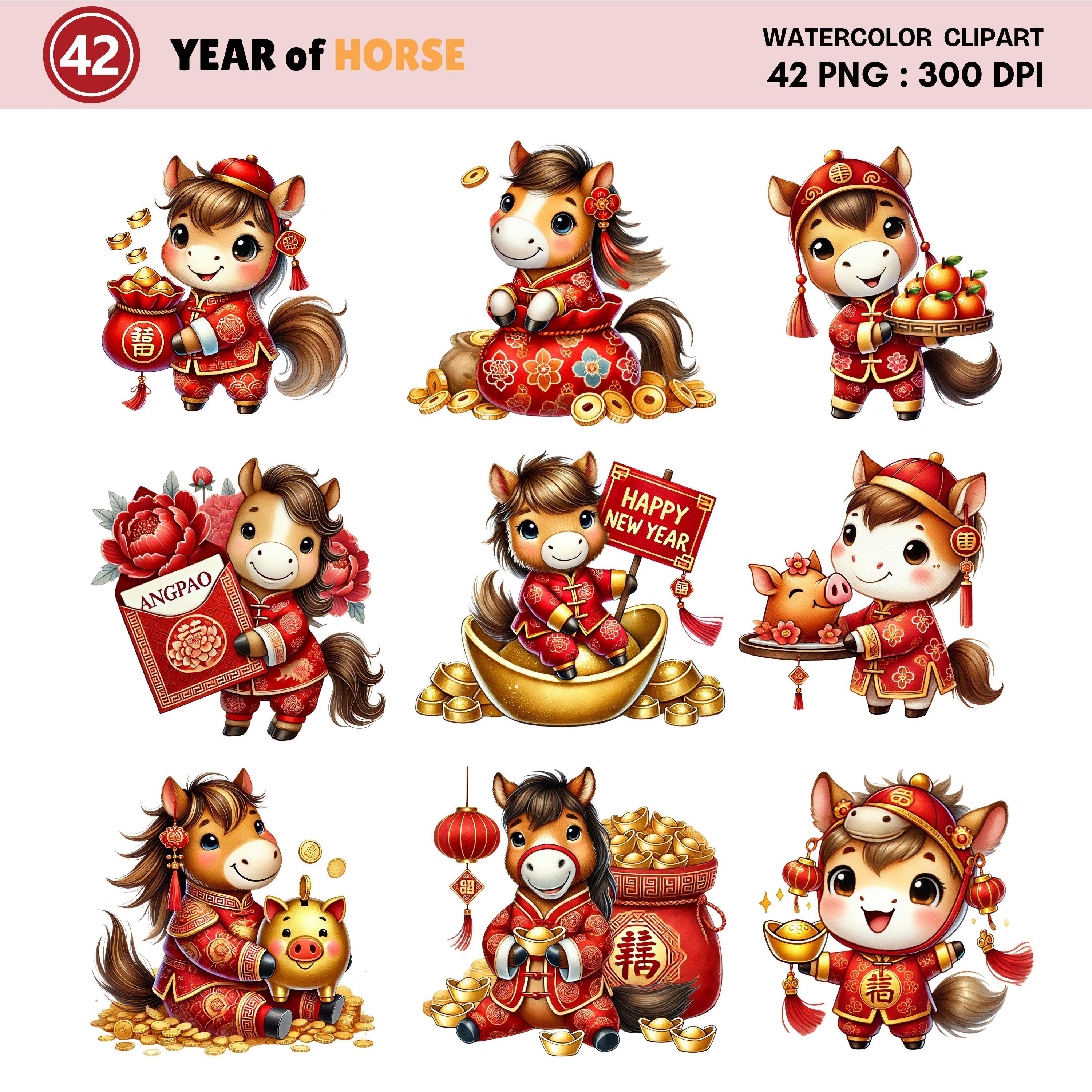 Chinese New Year Horse Clipart Bundle | 42 Watercolor Pngs for Lunar ...