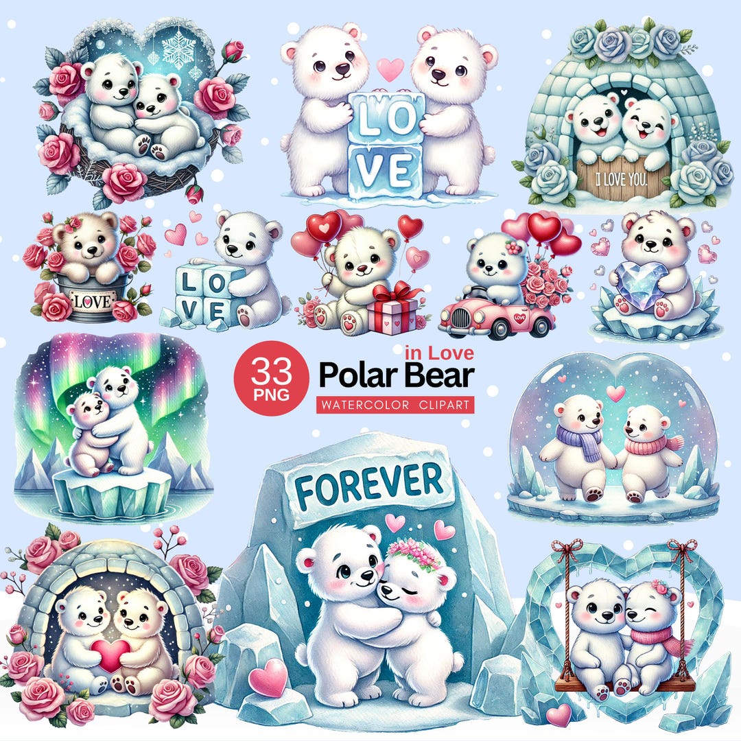 Watercolor Polar Bear in Love Clipart, Cute Polar Bear PNG, Romantic ...