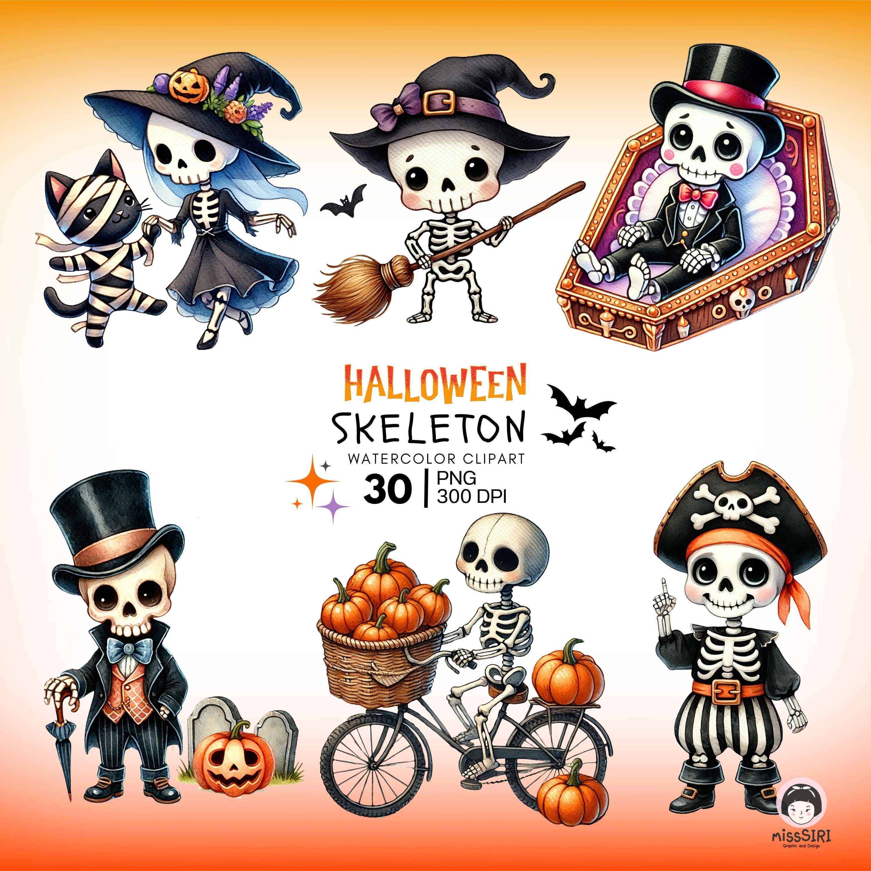 Halloween Skeleton Watercolor Clipart Bundle – 30 PNG Files, Cute ...