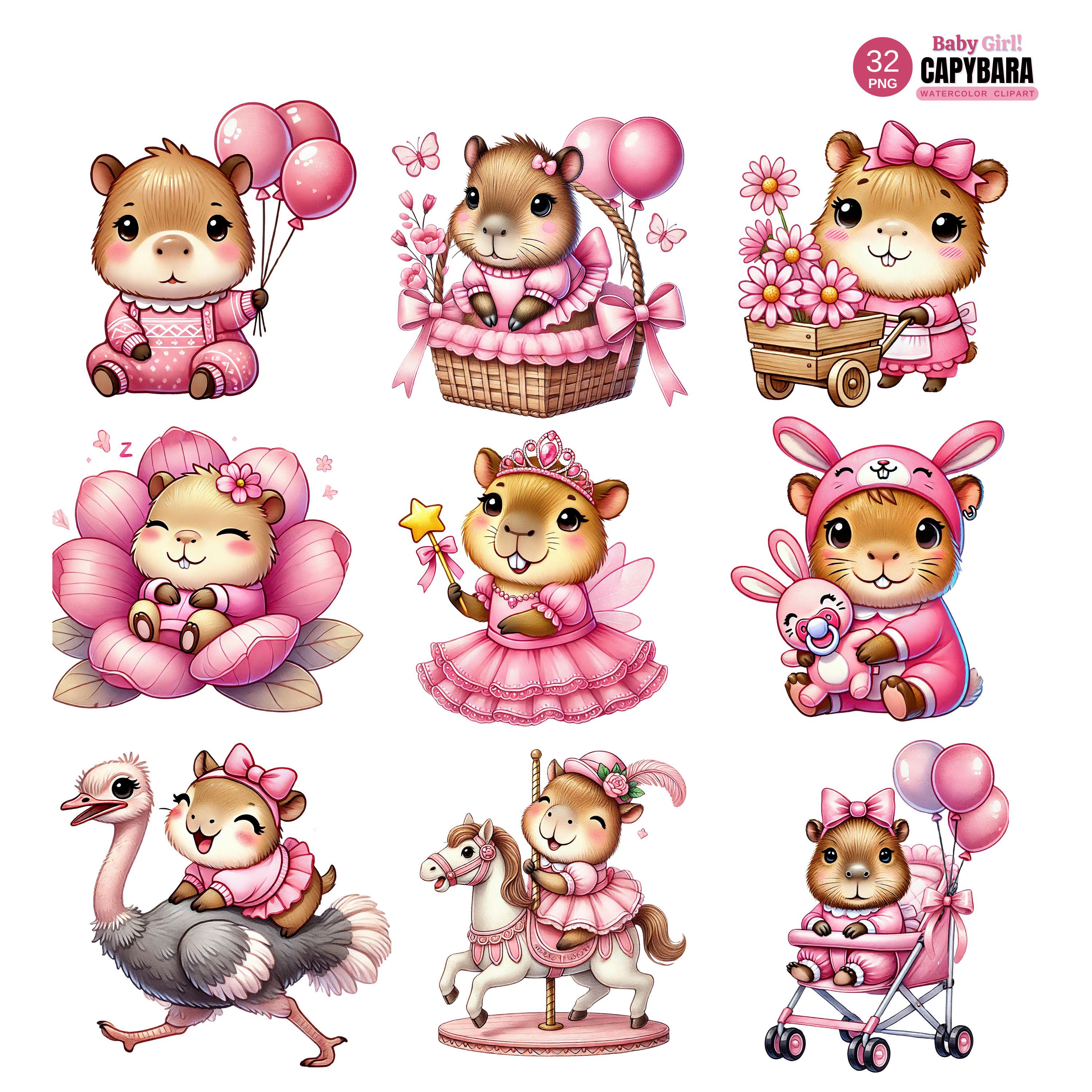 Baby Girl Capybara Watercolor Clipart Set – 32 PNG Files for Baby ...