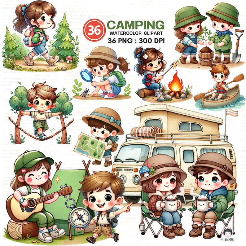 Camping Kids Clipart Bundle | 36 Watercolor Pngs With Hiking Boys Girls ...