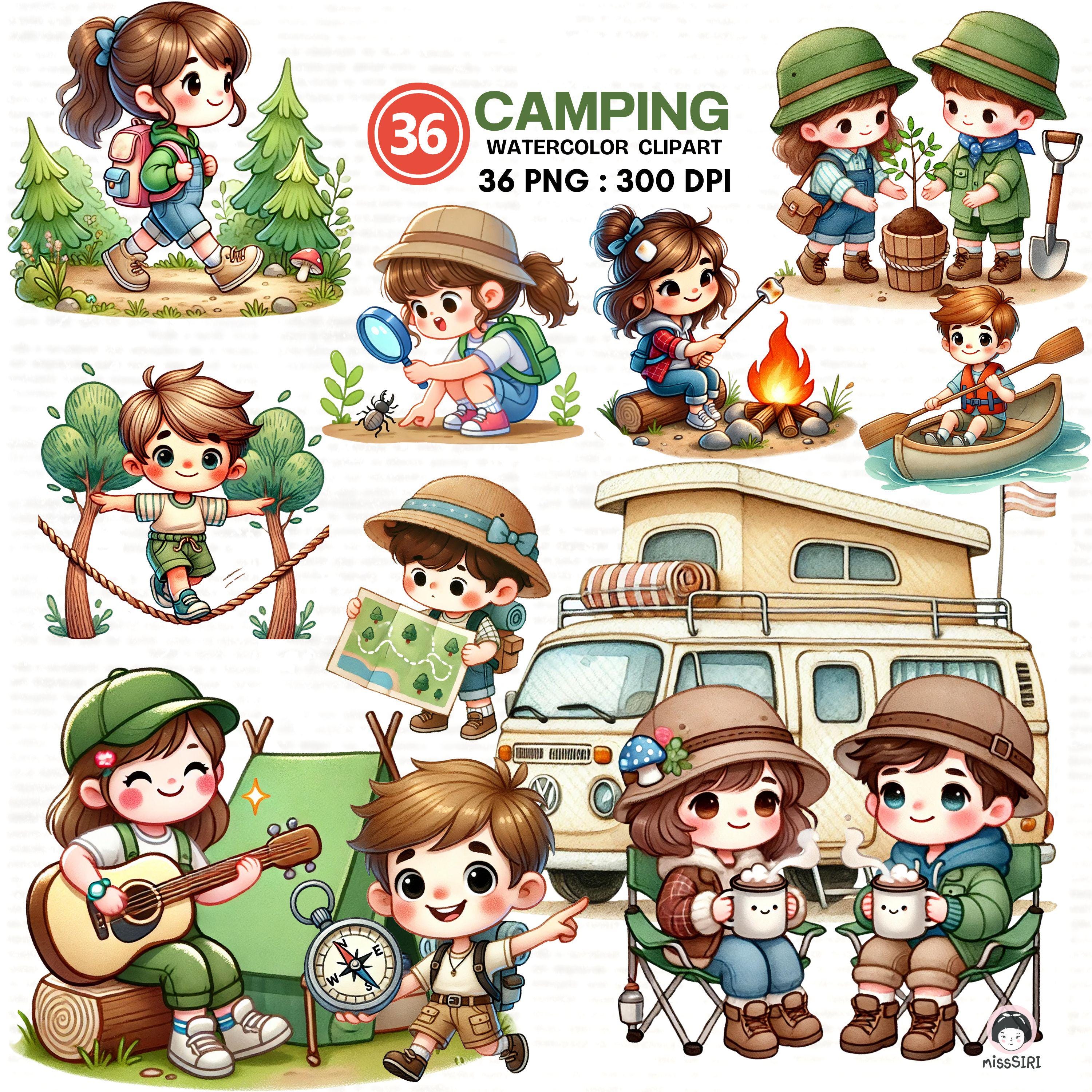 Camping Kids Clipart Bundle | 36 Watercolor Pngs With Hiking Boys Girls ...