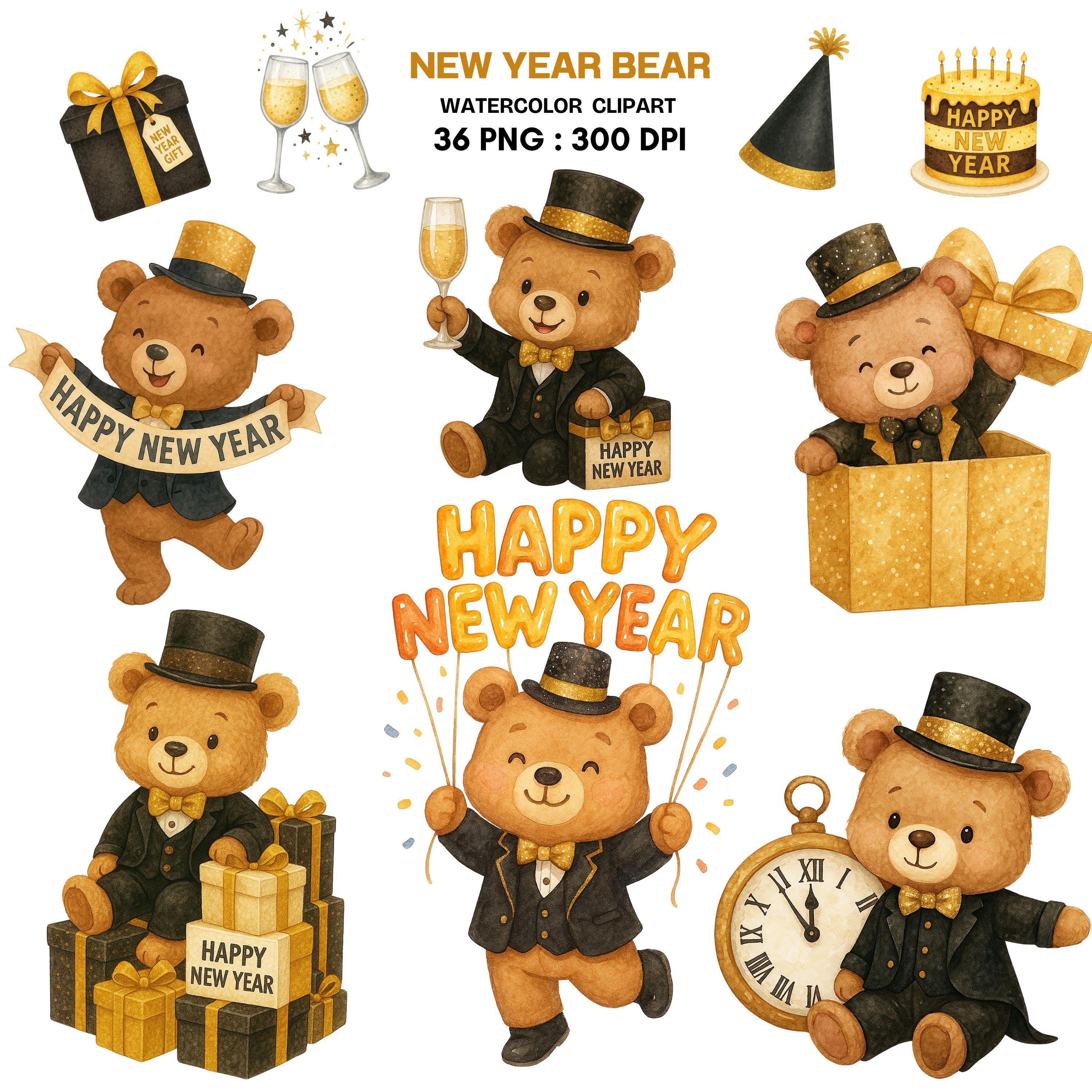Happy New Year Bear Watercolor Clipart Set - Etsy