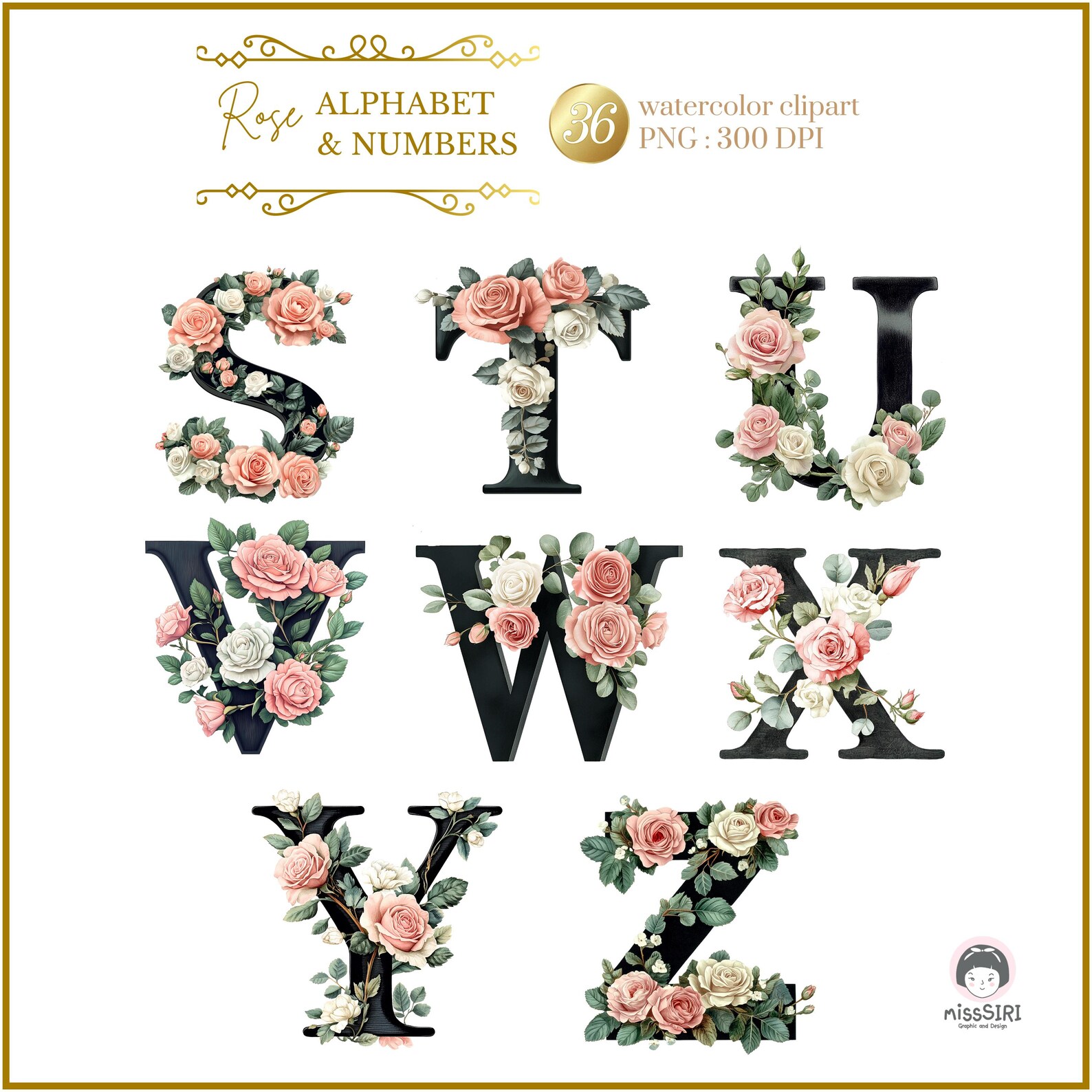 Watercolor Rose Alphabet and Numbers Clipart, Floral Letters and ...