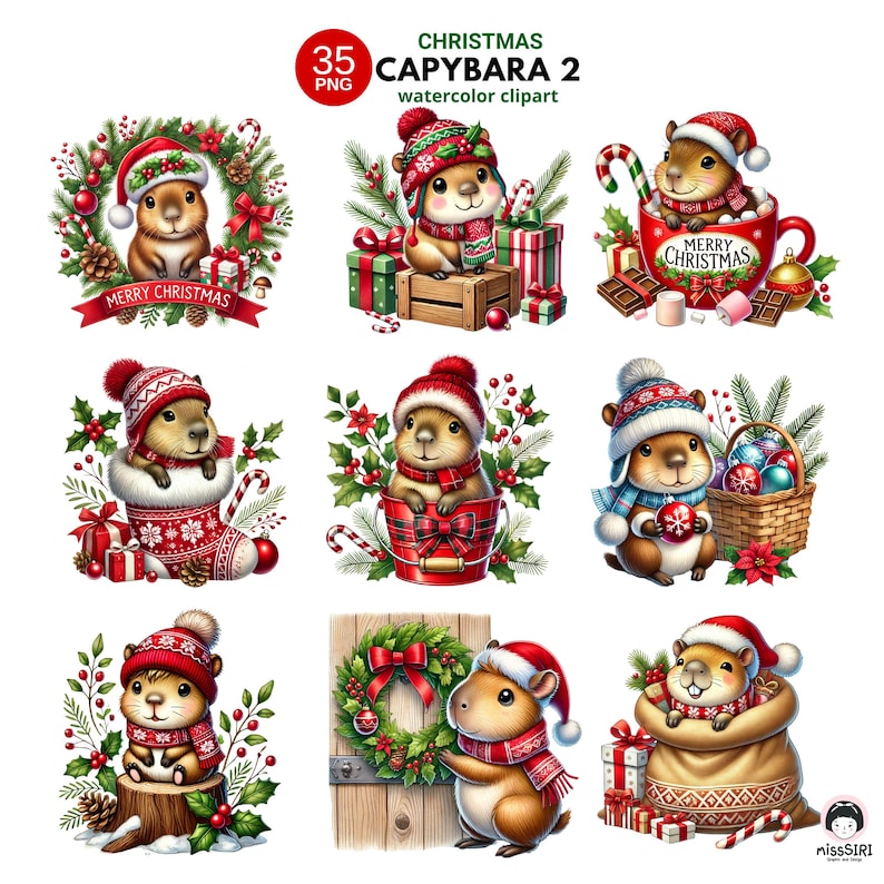 Christmas Capybara Clipart Set 2| 35 Watercolor Holiday Capybaras With ...