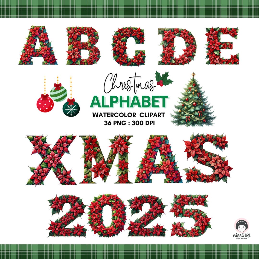 Christmas Watercolor Alphabet Clipart Set, 36 High-quality PNG Files at ...