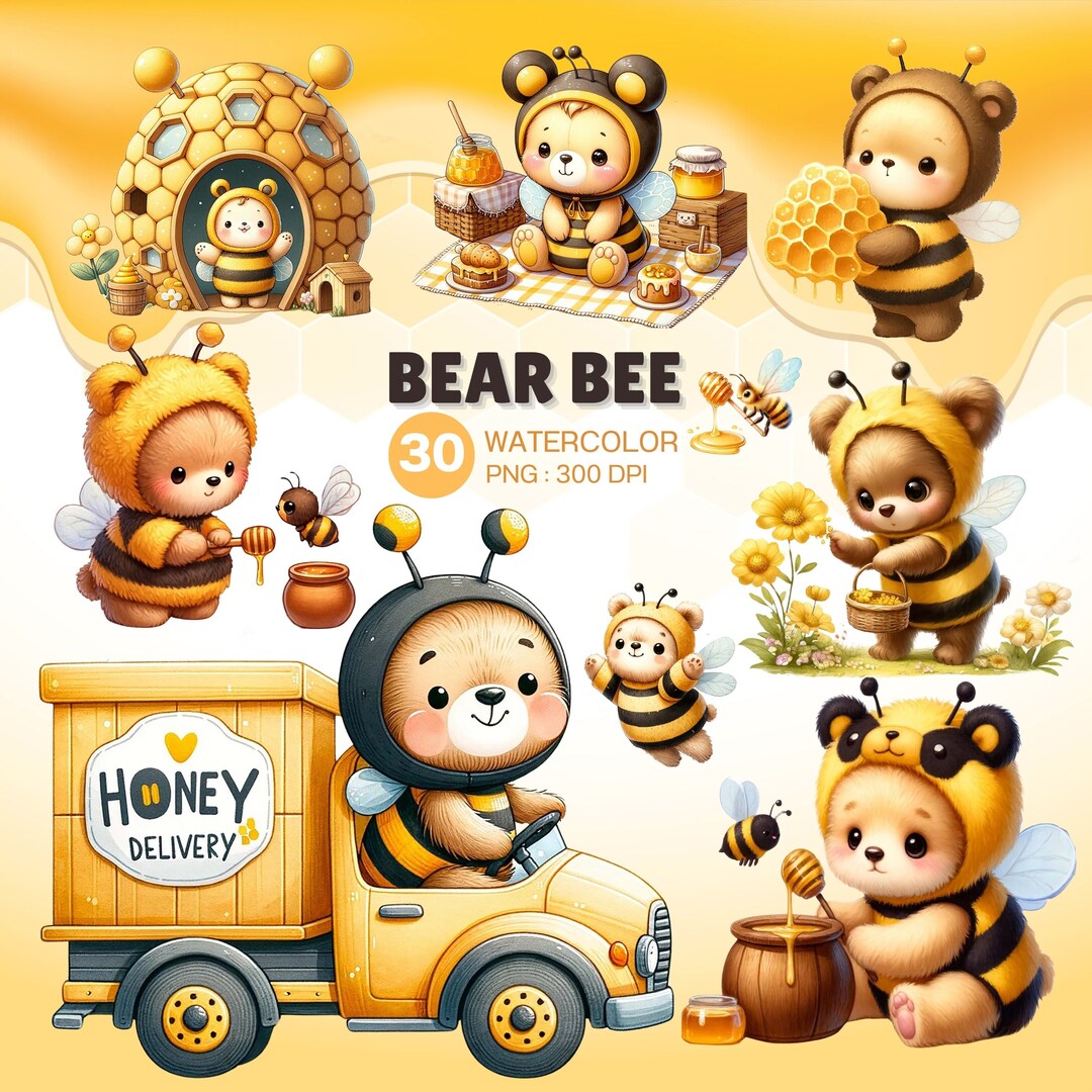 Cute Bear Bees in Watercolor Illustrations - Etsy
