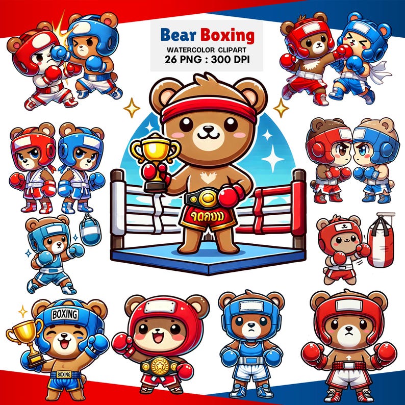 Bear Boxing Clipart Set | 26 Watercolor Pngs of Cute Boxing Bears in ...