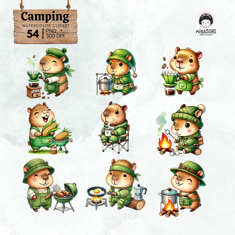 Capybara Camping Watercolor Clipart - 54 PNG Files, Outdoor Adventure ...