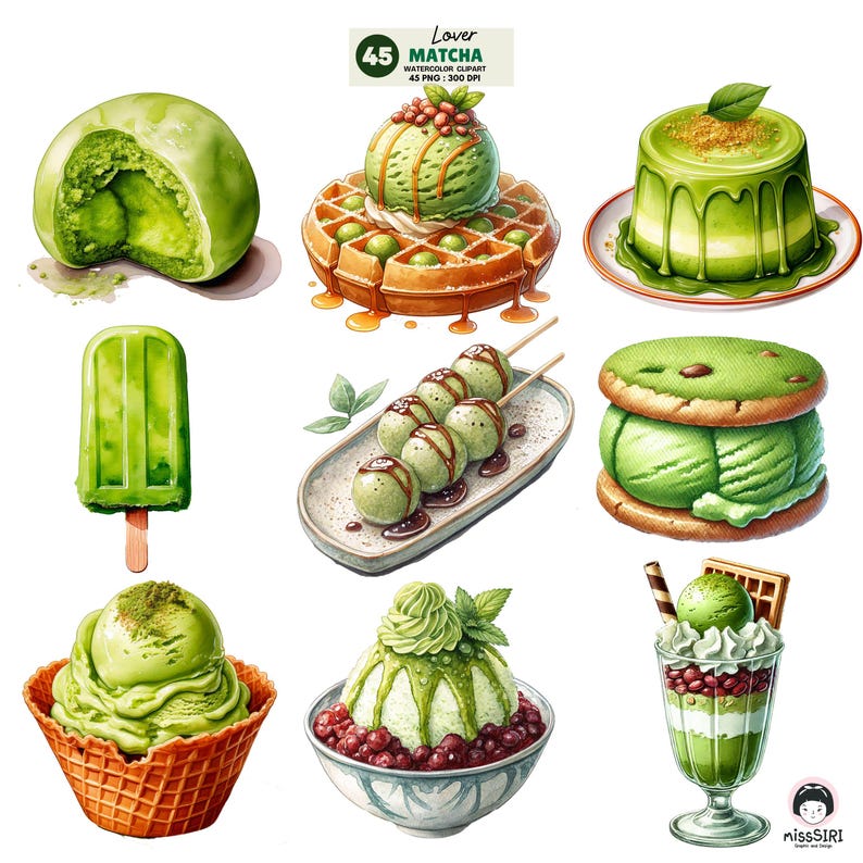 Matcha Lover Watercolor Clipart – 45 PNG Delicious Green Tea Desserts ...