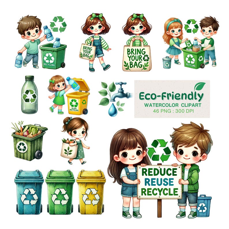 Eco-friendly Watercolor Clipart Set - 46 PNG Files, Go Green Recycling ...