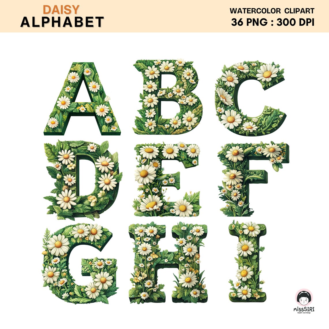 Daisy Alphabet Clipart - Watercolor Floral Letters PNG Set - Etsy