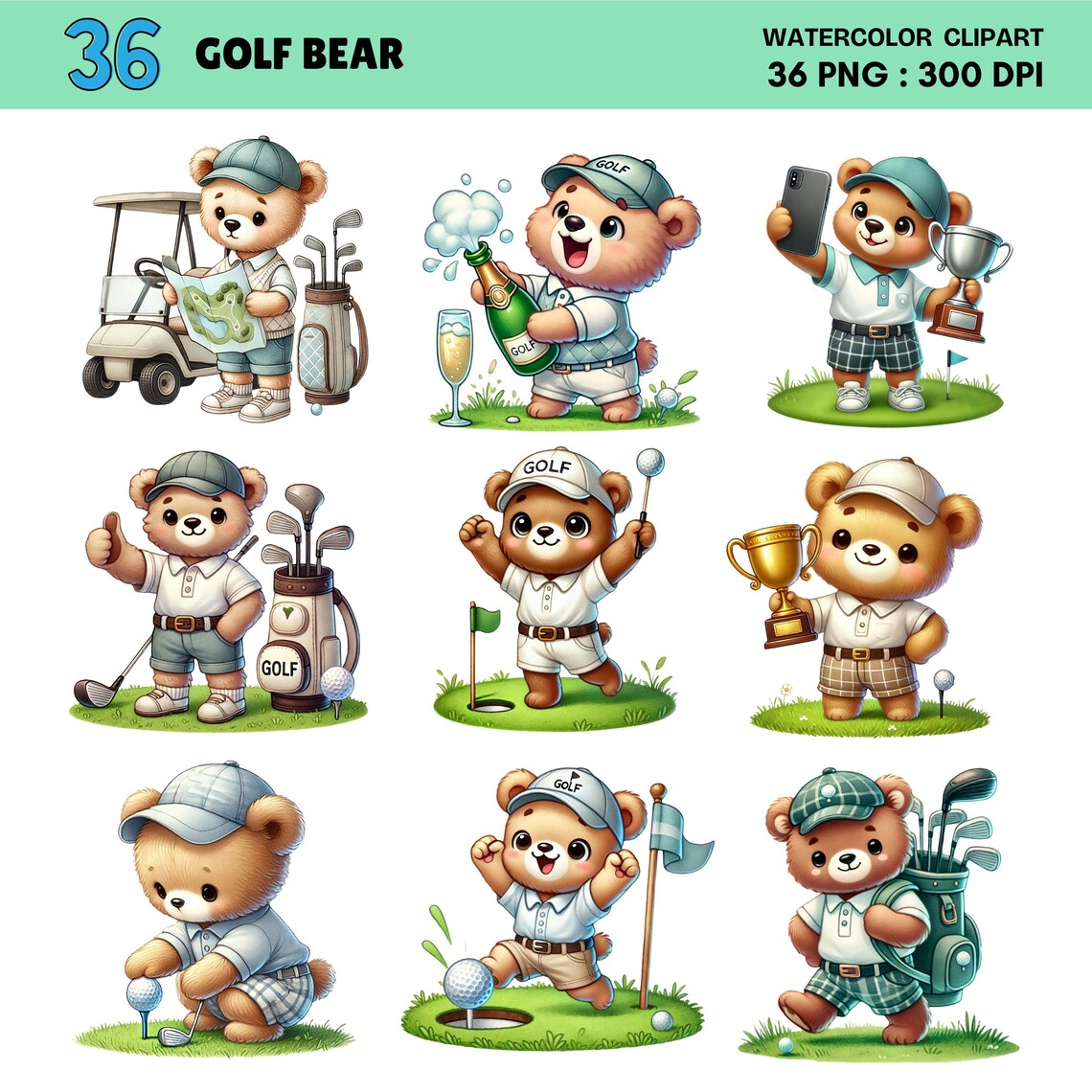 Golf Bear Watercolor Clipart Set – 36 Adorable Golfing Bear Pngs With ...