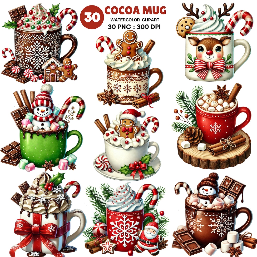 Christmas Cocoa Mug Clipart Set | 30 Festive Watercolor Pngs With ...