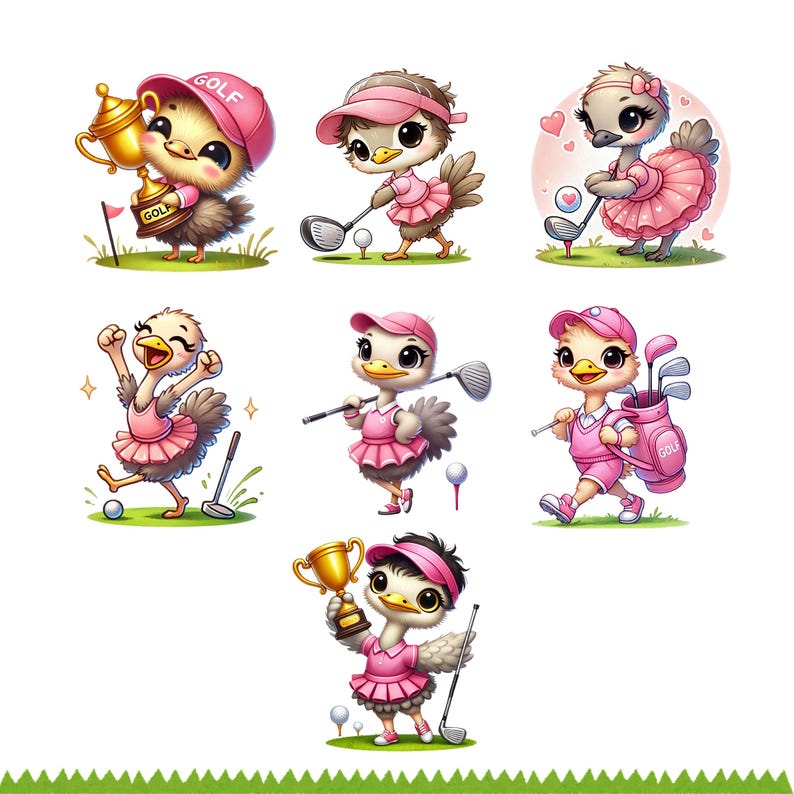 Ostrich Golf Watercolor Clipart Bundle – 34 Cute Pngs of Cartoon ...