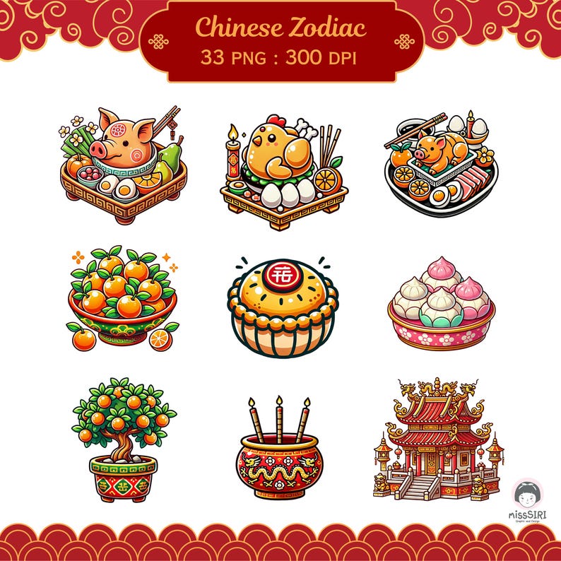 Cute Chinese Zodiac Clipart Bundle - 33 PNG Files, Kawaii Chinese New ...