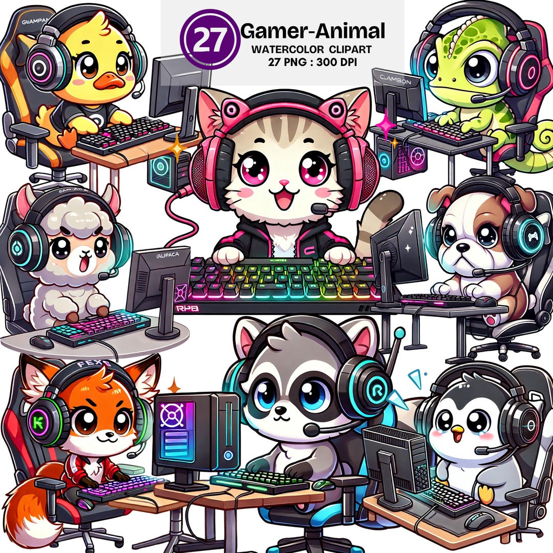 Gamer Animal Watercolor Clipart – 27 PNG Cute Gaming Animals With ...