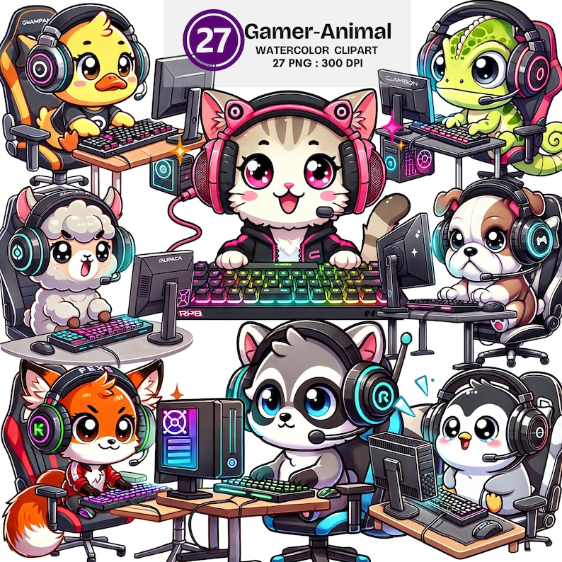 Gamer Animal Watercolor Clipart – 27 PNG Cute Gaming Animals With ...