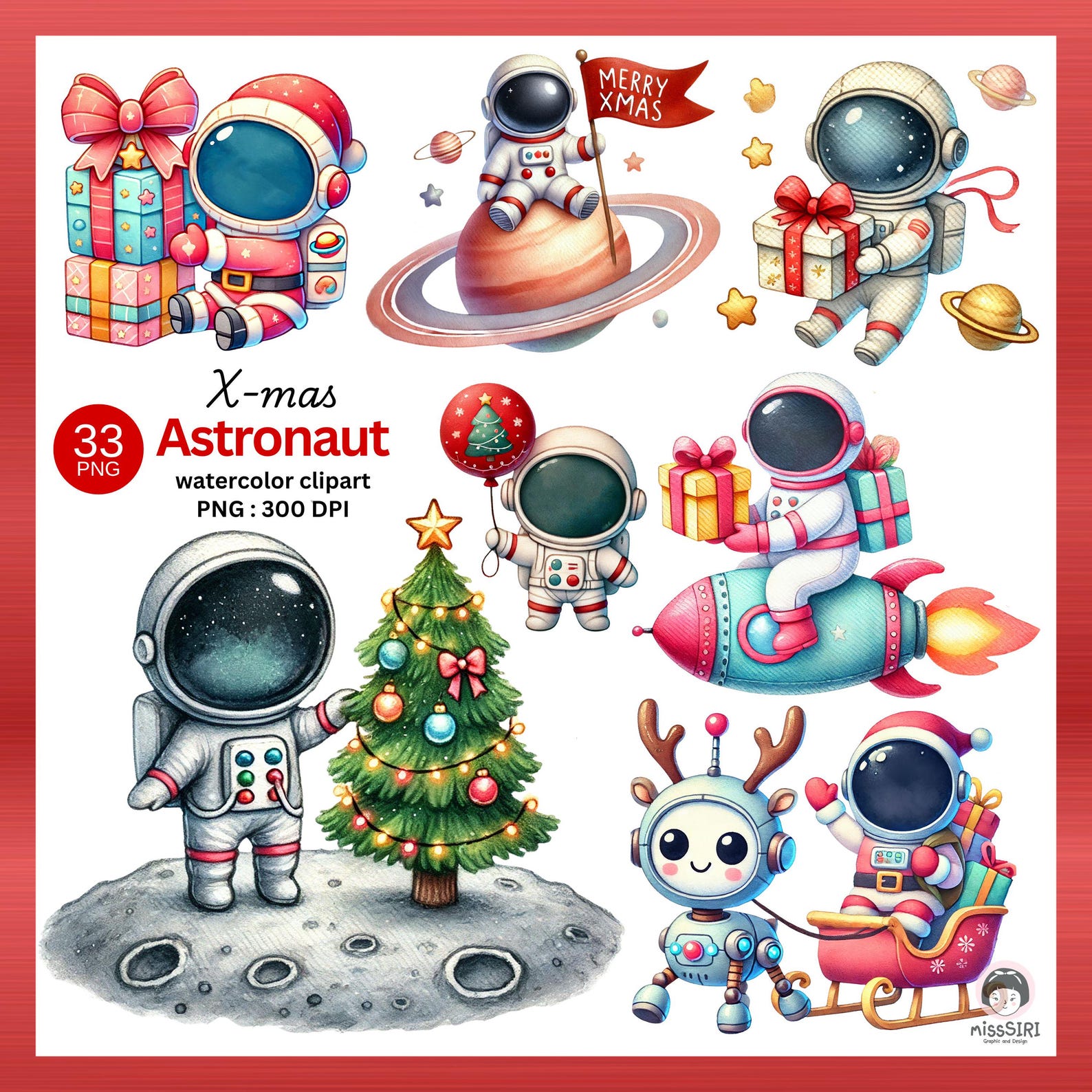 Christmas Astronaut Watercolor Clipart Bundle, Space Xmas PNG Set, Cute ...