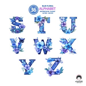 Blue Floral Alphabet Clipart Set, 36 PNG Letters and Numbers ...