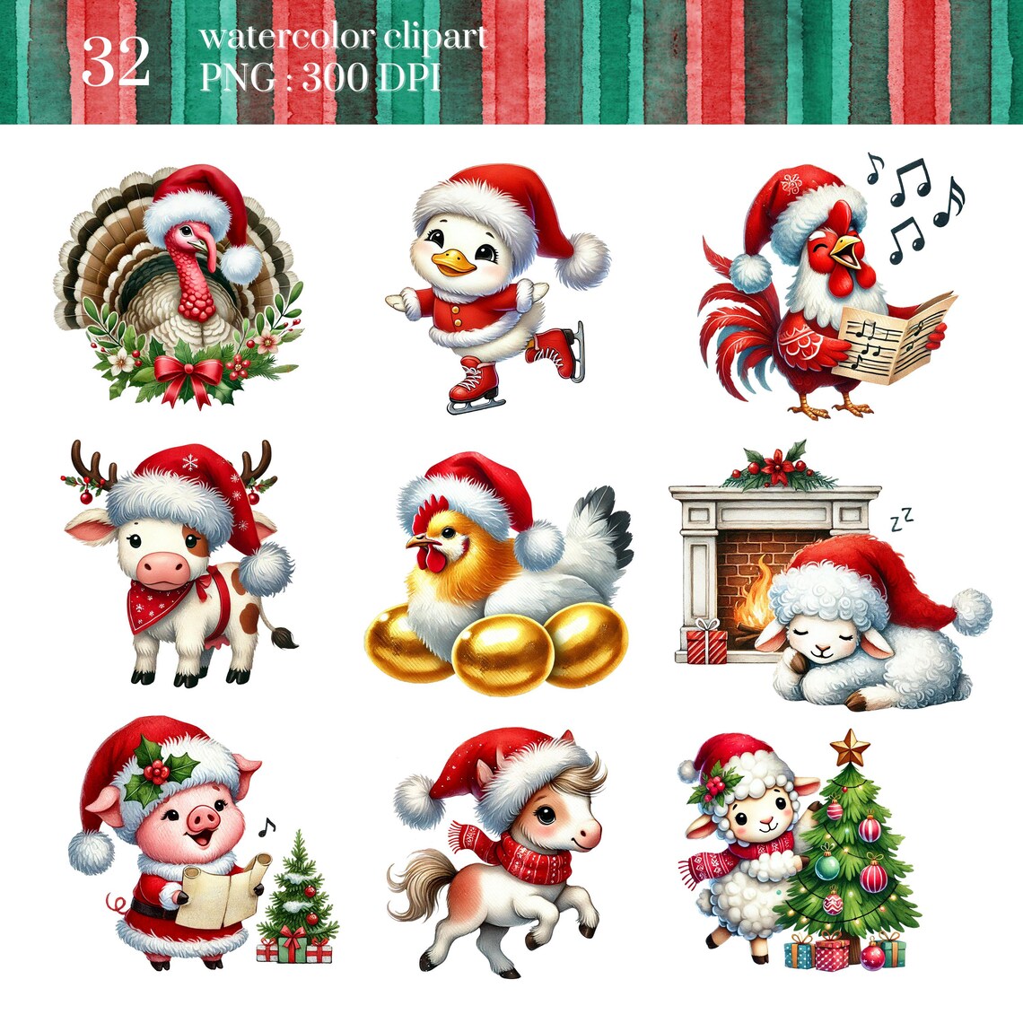 Christmas Farm Clipart Set - 32 PNG Watercolor Farm Animals in Santa ...