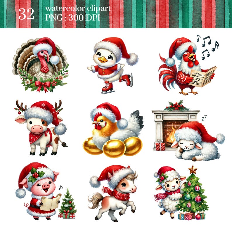 Watercolor Christmas Farm Animal Clipart – 32 PNG Holiday Illustrations ...