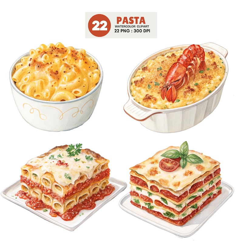 Pasta Watercolor Clipart – 22 PNG Delicious Italian Dishes With ...
