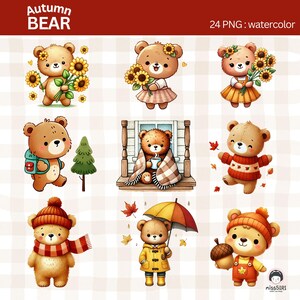 Autumn Bear Watercolor Clipart Bundle - Cute Fall Bear Pngs With ...