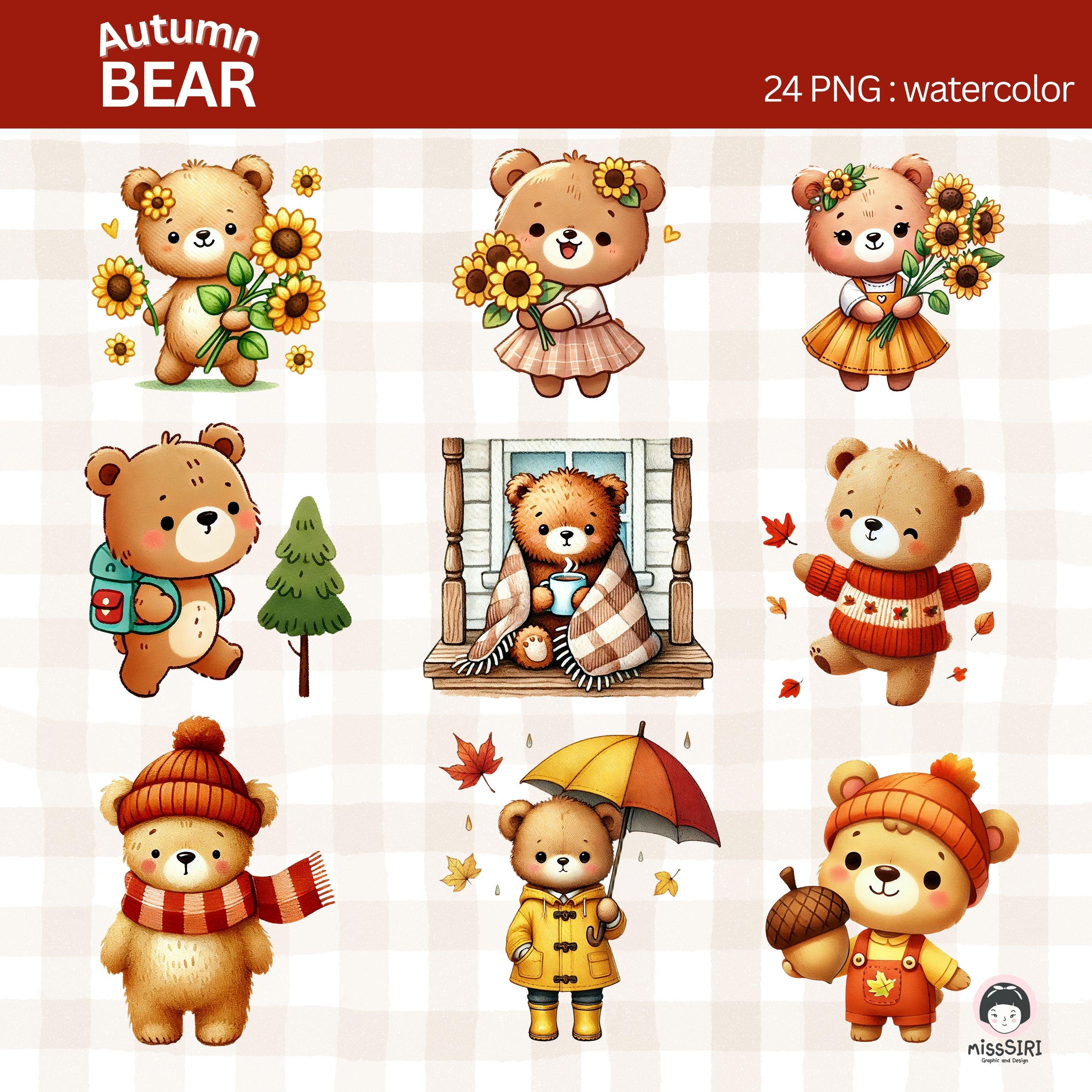 Autumn Bear Watercolor Clipart Bundle - Cute Fall Bear Pngs With ...