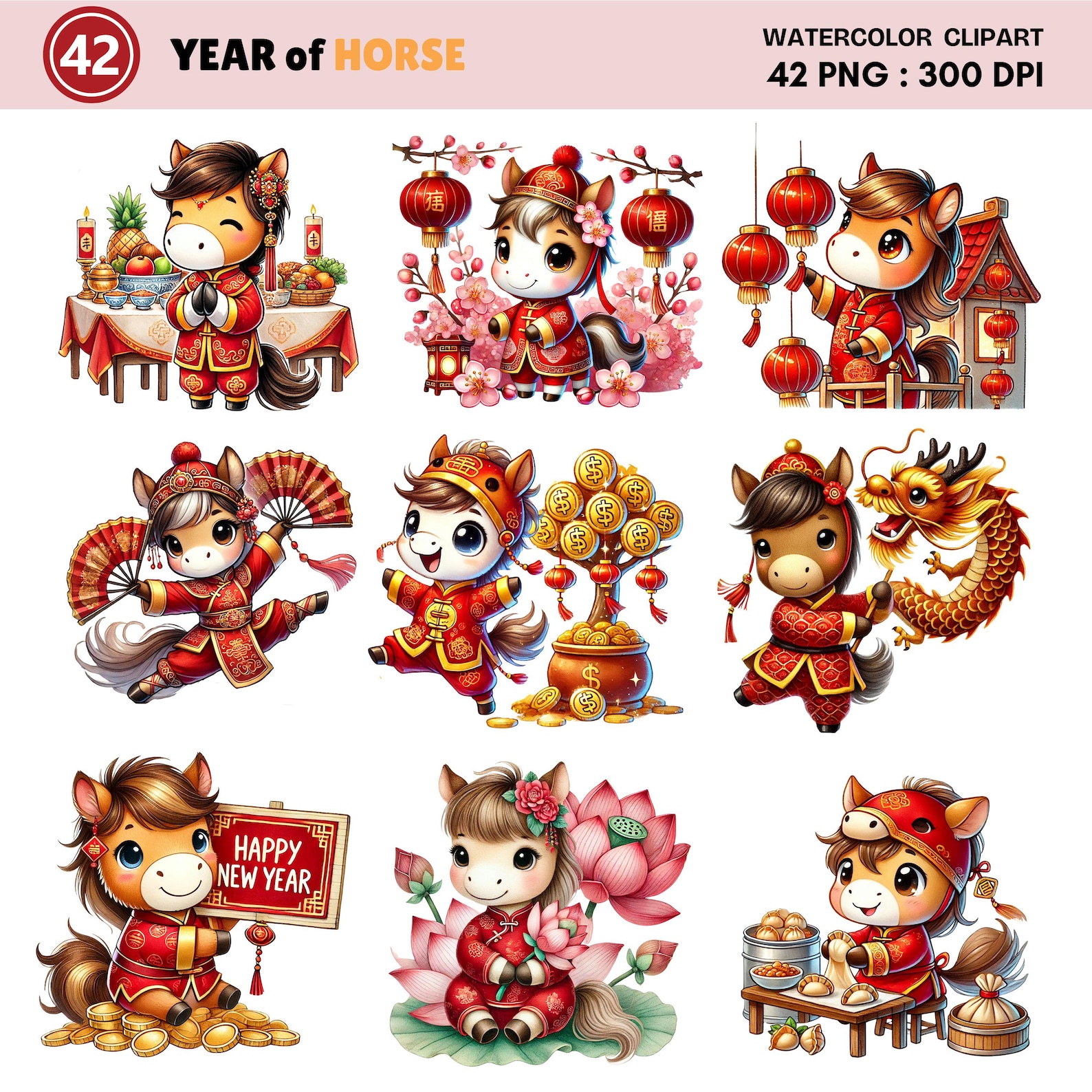 Chinese New Year Horse Clipart Bundle | 42 Watercolor Pngs for Lunar ...