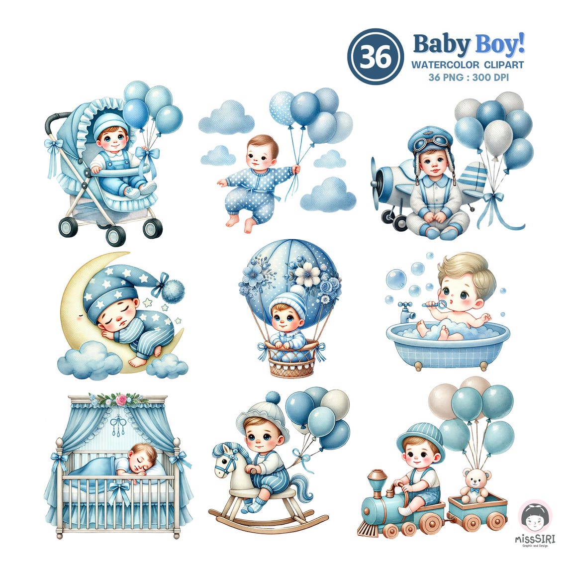 Baby Boy Watercolor Clipart Set - 36 PNG Baby Shower Graphics - Blue ...