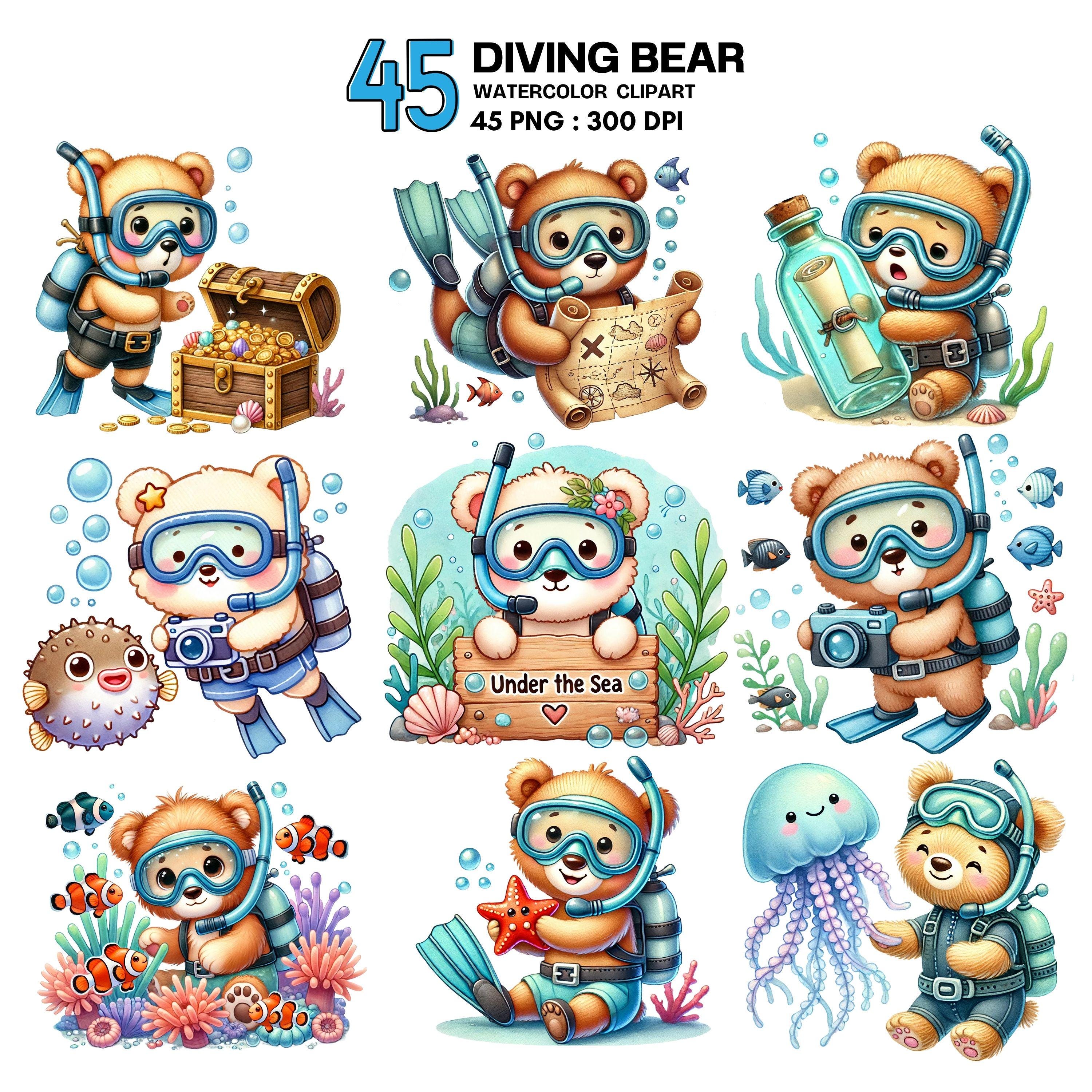 Diving Bear Clipart Bundle – 45 Underwater Adventure Watercolor Pngs ...