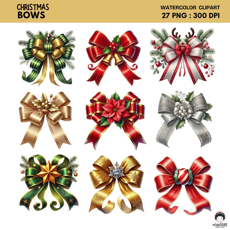 Christmas Bow Clipart Set | 27 Festive Watercolor Pngs With Candy Canes ...