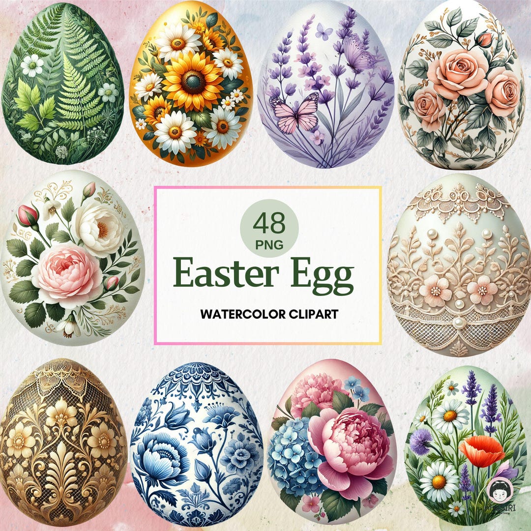 Easter Egg Watercolor Clipart – 48 PNG Beautifully Decorated Eggs With ...