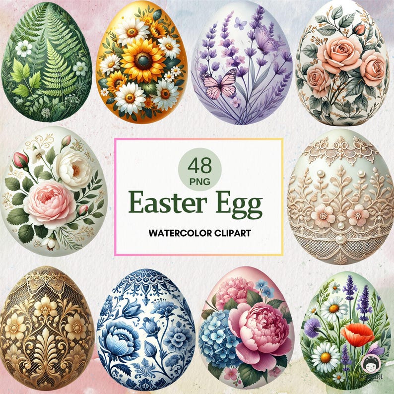 Easter Egg Watercolor Clipart – 48 PNG Beautifully Decorated Eggs With ...
