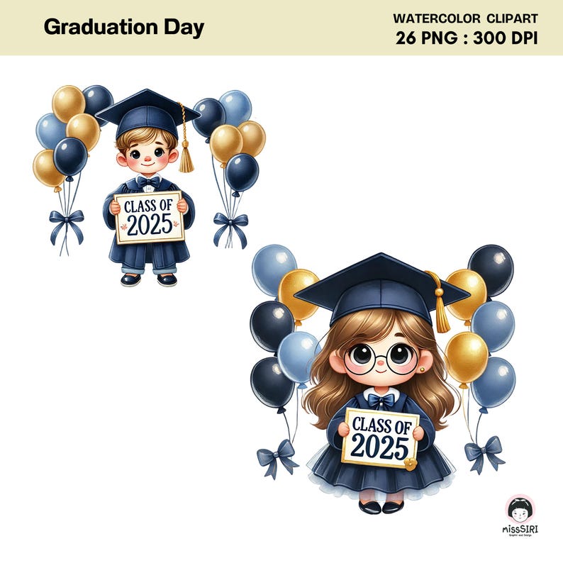 Graduation Day Clipart Bundle | 26 Watercolor Pngs of Cute Students ...