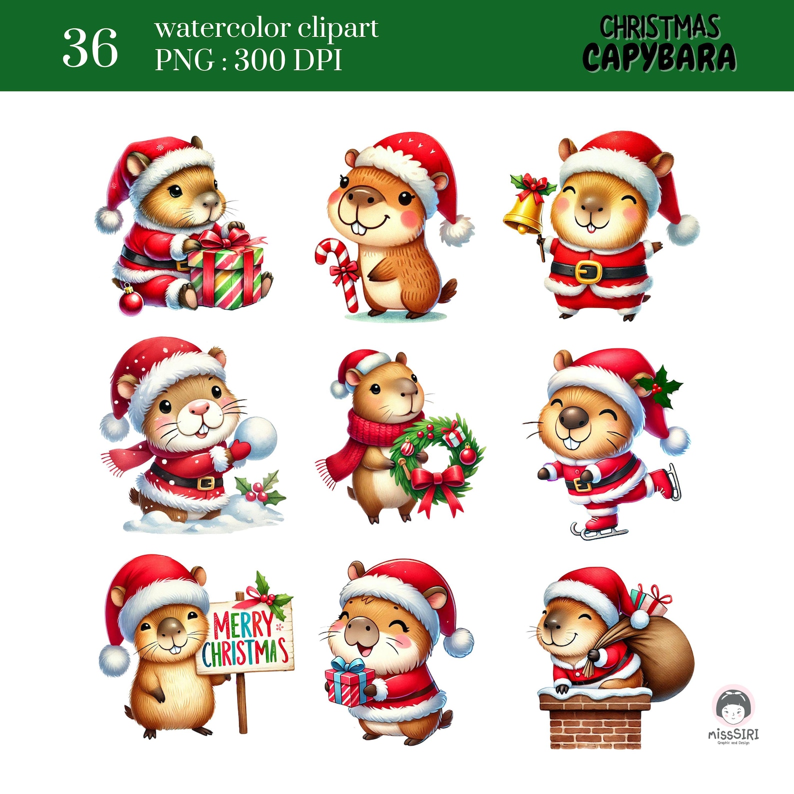 Christmas Capybara Watercolor Clipart Bundle, Cute Capybara Holiday PNG ...