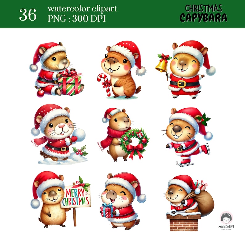 Christmas Capybara Watercolor Clipart Bundle, Cute Capybara Holiday PNG ...