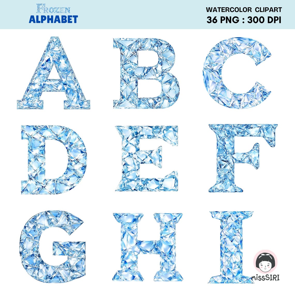 Frozen Alphabet Clipart Set | 36 Watercolor Pngs of Ice Crystal Letters ...