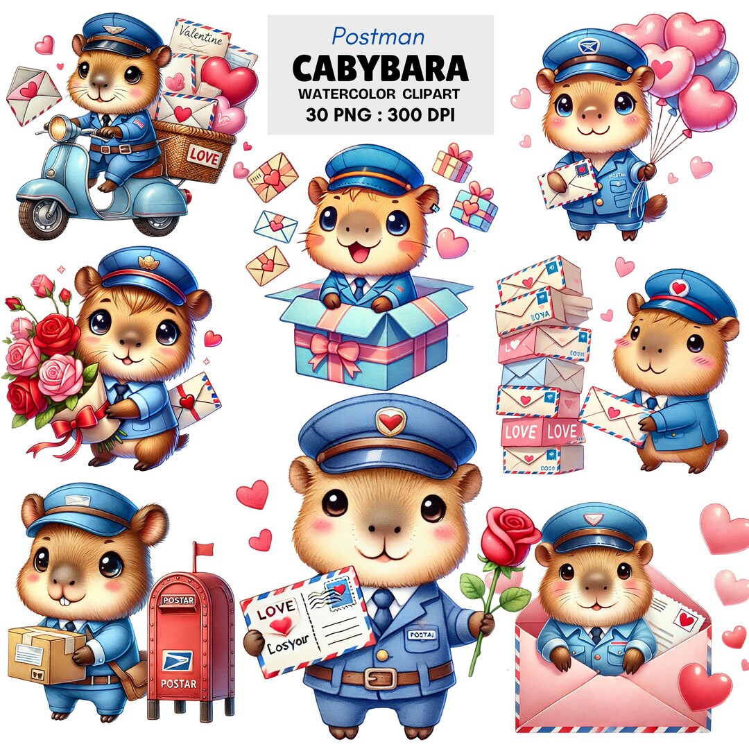 Postman Capybara Clipart Set | 30 Watercolor Pngs of Cute Mail Delivery ...