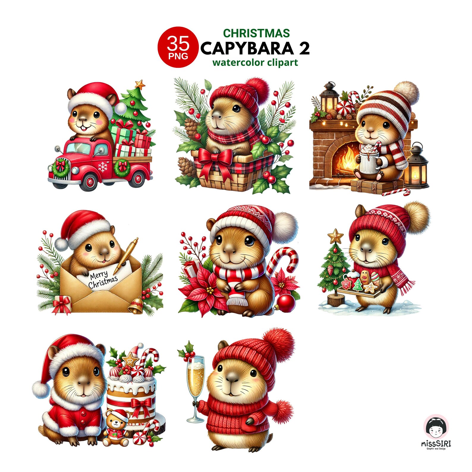 Christmas Capybara Clipart Set 2| 35 Watercolor Holiday Capybaras With ...