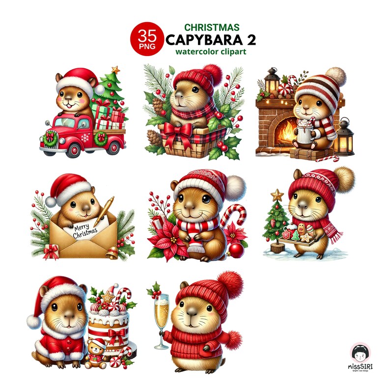 Christmas Capybara Clipart Set 2| 35 Watercolor Holiday Capybaras With ...