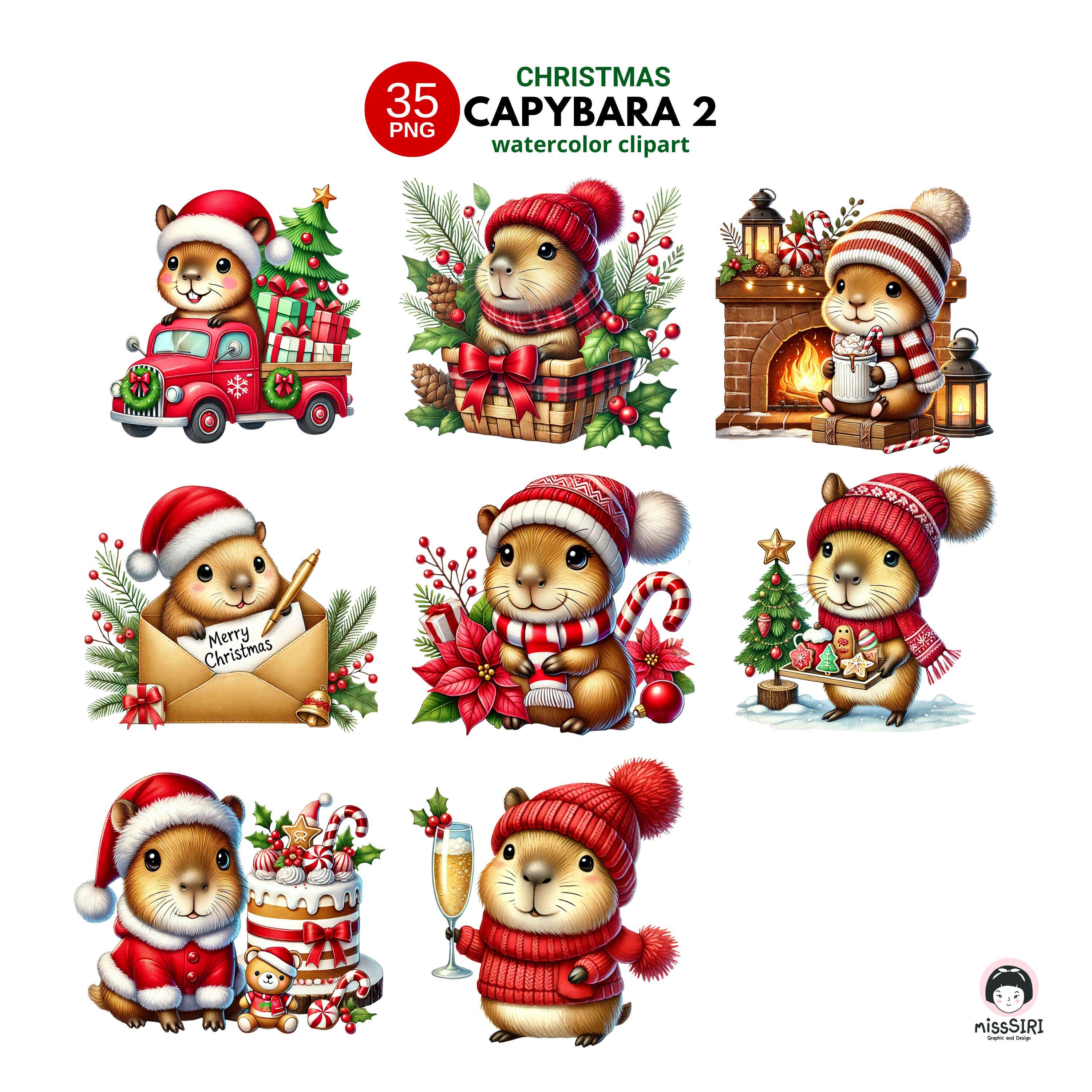 Christmas Capybara Clipart Set 2| 35 Watercolor Holiday Capybaras With ...