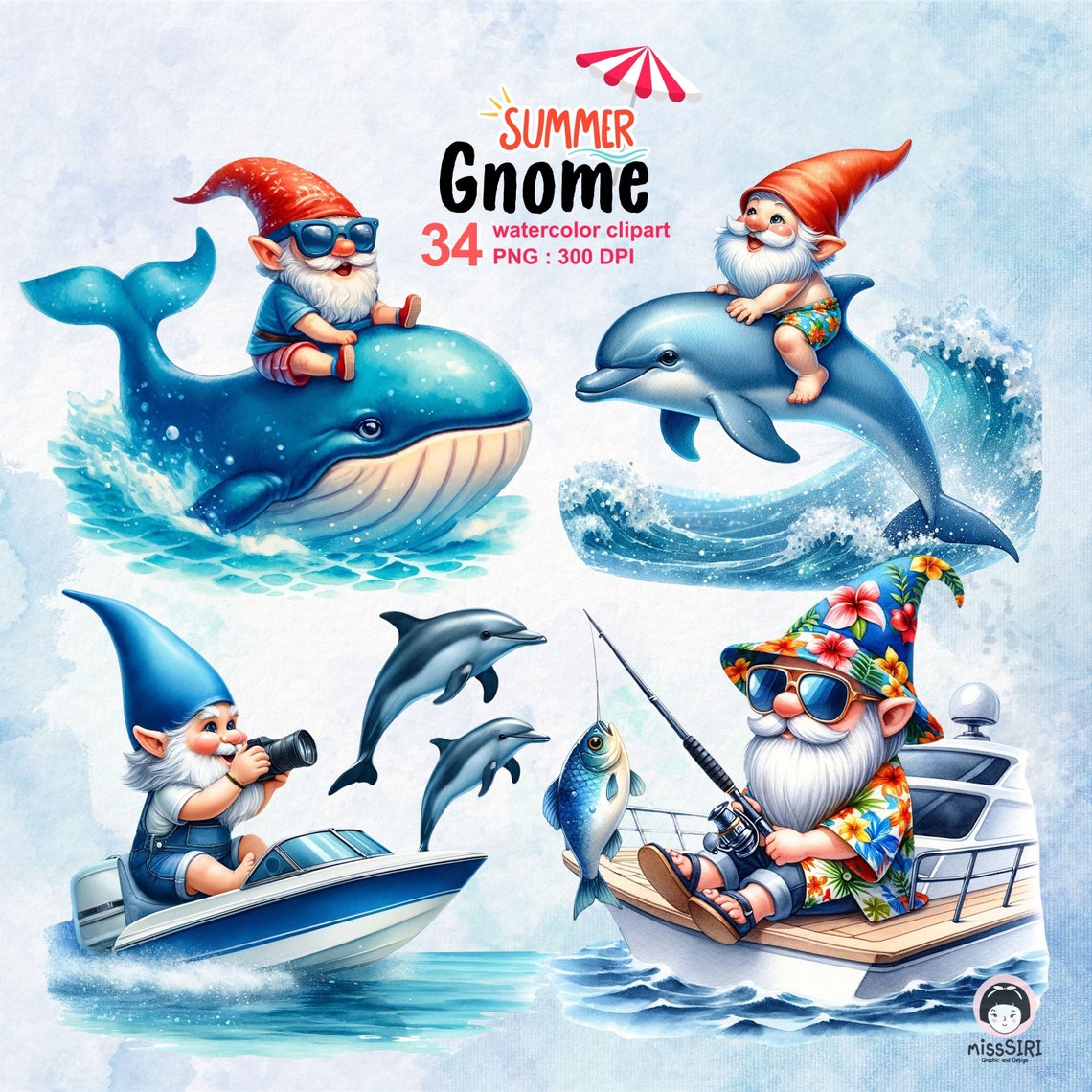 Summer Fun Gnome - Whimsical Watercolor Clipart - Etsy