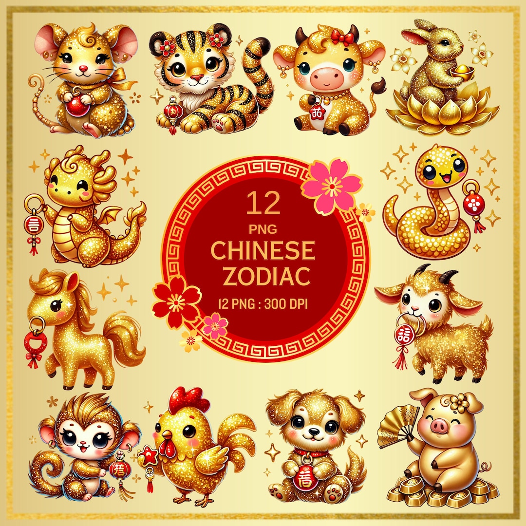 Cute Chinese Zodiac Animals Clipart Set, 12 PNG Glitter Zodiac Signs ...