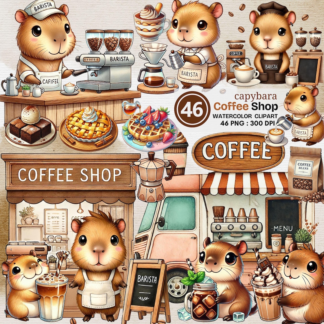 Capybara Coffee Shop Watercolor Clipart – 46 PNG Cozy Cafe ...