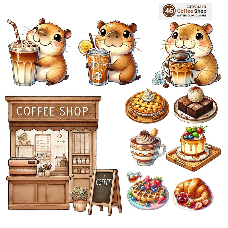 Capybara Coffee Shop Watercolor Clipart – 46 PNG Cozy Cafe ...