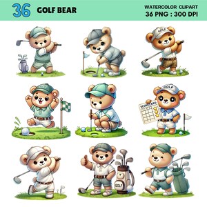 Golf Bear Watercolor Clipart Set – 36 Adorable Golfing Bear Pngs With ...